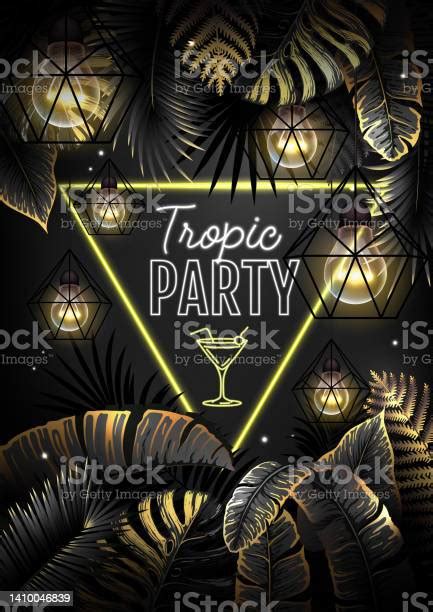 검은 색과 금색 열대 잎과 현대 전기 램프가있는 여름 열대 파티 포스터 자연 개념 여름 배경 벡터 일러스트 레이 션 검은색에 대한 스톡 벡터 아트 및 기타 이미지 Istock