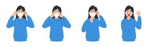얼굴 마스크를 착용하고 제거하십시오 얼굴 마스크를 착용하고 제거하는 방법에 대한 단계인인포그래픽 일러스트레이션을 단계별로