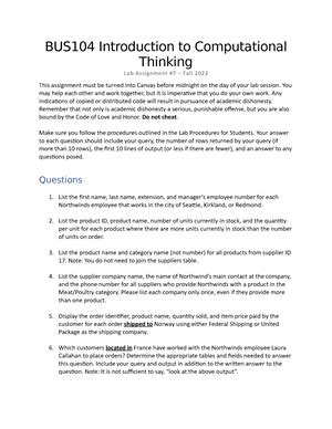 Lab 6 SQL Introduction S 22 BUS 104 Introduction To Computational