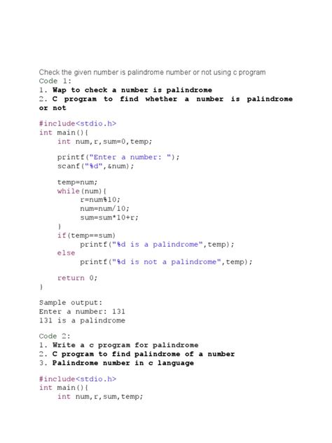 Check The Given Number Is Palindrome Number Or Not Using C Program Pdf