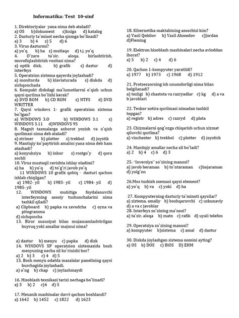 10 Sinf Informatika Test Pdf