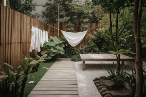 A Clothesline In A Modern And Minimalist Garden With Natural Colors