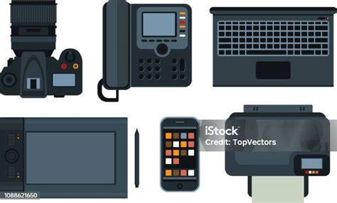 사무 기기 모바일 장치 아이콘 흰색 배경 벡터 일러스트 레이 션을 설정 그래픽 사용자 인터페이스에 대한 스톡 벡터 아트 및 기타 이미지 그래픽 사용자 인터페이스 노트북