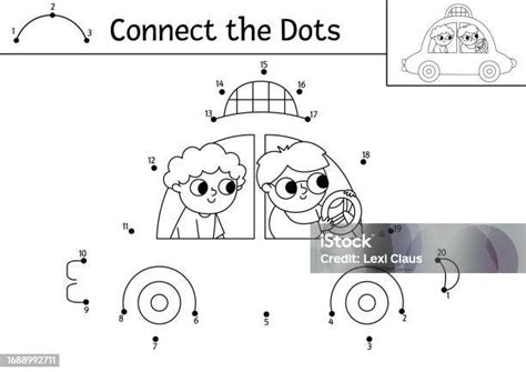 벡터 도트 투 도트 및 컬러 활동은 귀여운 택시 운전사 및 승객과 함께합니다 교통은 재미있는 택시로 아이들을 위한 점 게임을 연결합니다 아이들을 위한 교통 색칠 공부 페이지