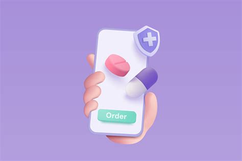 응급 처치 키트 및 기타 의료 장비를 갖춘 3d 온라인 약국 의료의 개념을 잡고 휴대 전화를 주문하는 의학 3d 약국 및 전자 상거래 아이콘 벡터 렌더링 그림 3차원 형태에