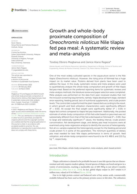 Pdf Growth And Whole Body Composition Of Oreochromis Niloticus Nile Tilapia Fed Pea Meal A