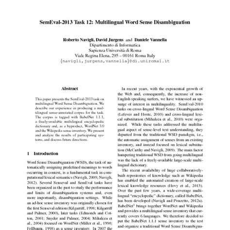 Semeval 2013 Task 12 Multilingual Word Sense Disambiguation Acl Anthology
