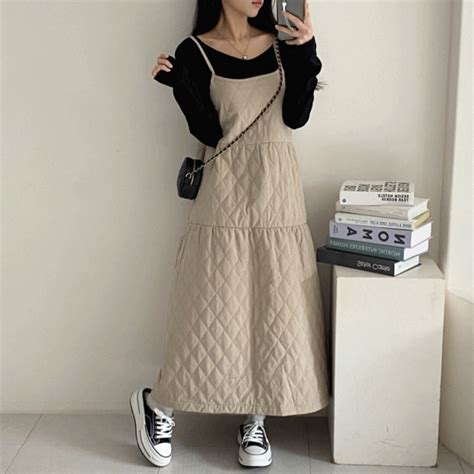 겨울보온따뜻 누빔 퀄팅 뷔스티에 A라인 스웨이드 엠보 패딩 롱 원피스 에이블리