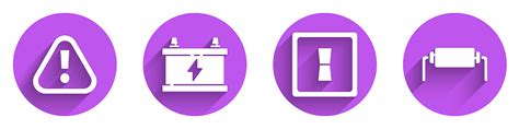 삼각형 자동차 배터리 전기 조명 스위치 및 긴 그림자가있는 저항기 전기 아이콘으로 느낌표 설정 벡터 배터리 전원에 대한 스톡 벡터 아트 및 기타 이미지 Istock