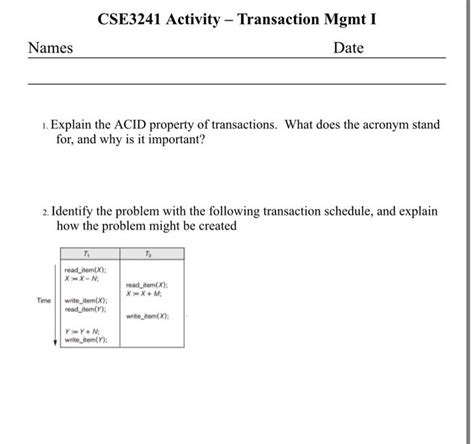 Solved Cse3241 Activity Transaction Mgmt I Names Date 1
