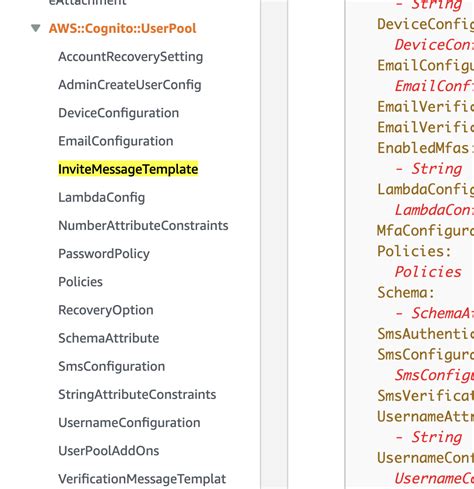 invitemessagetemplate on aws cognito userpool · issue 621 · awsdocs aws cloudformation user