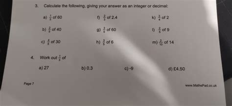 Solved 3 Calculate The Following Giving Your Answer As An Integer Or Decimal A 1 3 Of 60 [math]
