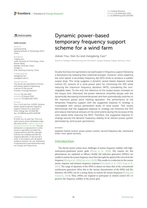 Pdf Dynamic Power Based Temporary Frequency Support Scheme For A Wind
