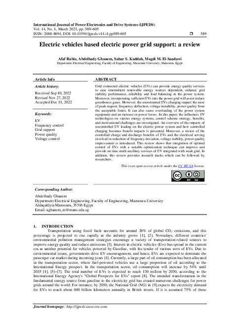 Pdf Electric Vehicles Based Electric Power Grid Support A Review