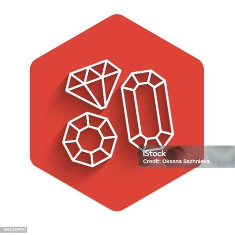 긴 그림자 배경으로 격리 된 화이트 라인 보석 돌 아이콘 보석 기호 다이아몬드 빨간 육각 버튼 벡터 0명에 대한 스톡 벡터 아트 및 기타 이미지 Istock