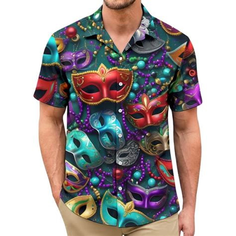 Adaychics Mardi Gras Shirt For Men Button Up Masque Lapel Short Sleeve
