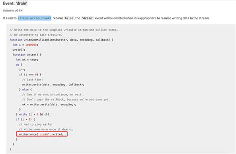 Write Stream Why Drain Eventhandler Is Being Listened Using `once` Instead Of `on
