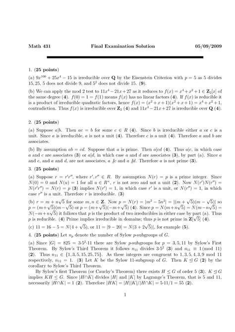 8 Problems With Solutions On Abstract Algebra Ii Final Exam Math 431 Exams Abstract