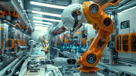 Robotic Arm Working With Computer Screen Displaying Data In Factory