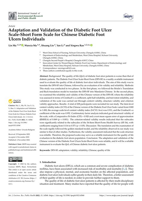 Pdf Adaptation And Validation Of The Diabetic Foot Ulcer Scale Short Form Scale For Chinese