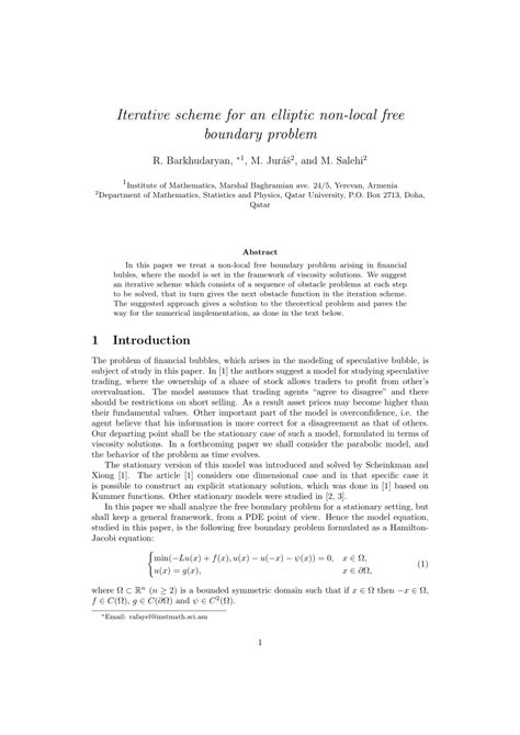 Pdf Iterative Scheme For An Elliptic Non Local Free Boundary Problem