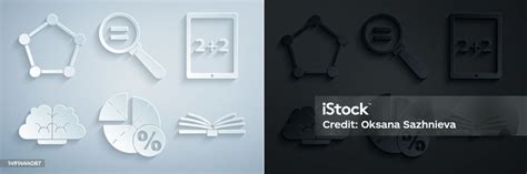 그래프 일정 차트 다이어그램 계산기가 있는 태블릿 인간의 두뇌 열린 책 계산 및 기하학적 그림 오각형 프리즘 아이콘을 설정합니다 벡터 3차원 형태에 대한 스톡 벡터 아트 및