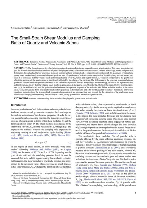 Pdf The Small Strain Shear Modulus And Damping Ratio Of Quartz And Volcanic Sands
