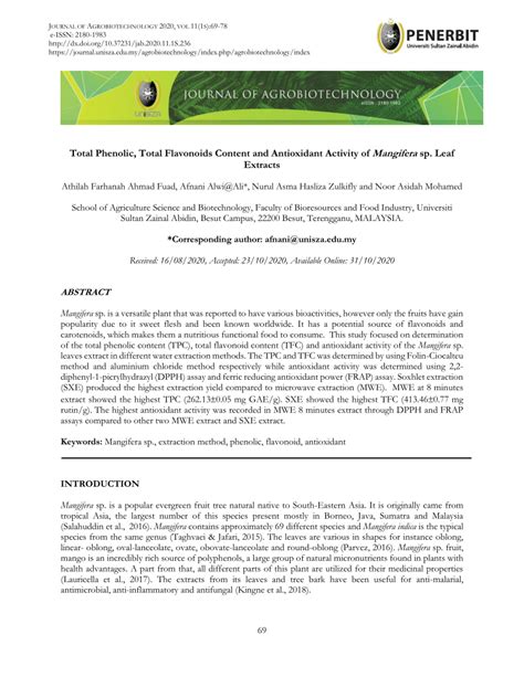 Pdf Total Phenolic Total Flavonoids Content And Antioxidant Activity Of Manera Sp Leaf