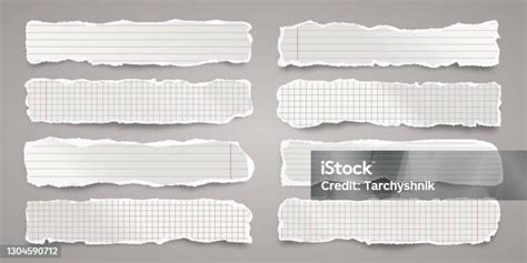 긴 찢어진 종이 스트립 찢어진 가장자리가있는 현실적인 구겨진 종이 스크랩 노트북 페이지의 줄 지어 조각 벡터 일러스트레이션 0명에 대한 스톡 벡터 아트 및 기타 이미지