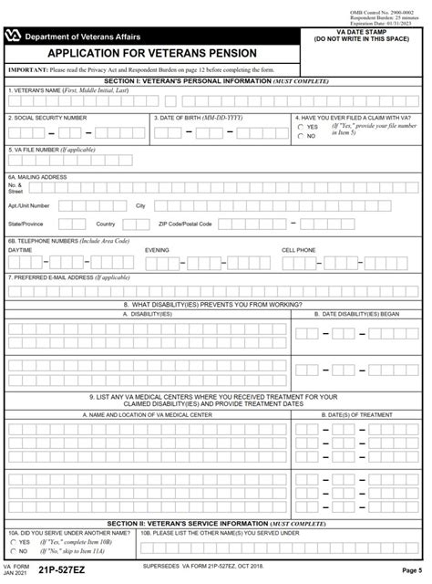 Va Form 21 527ez Application For Veterans Pension Va Forms