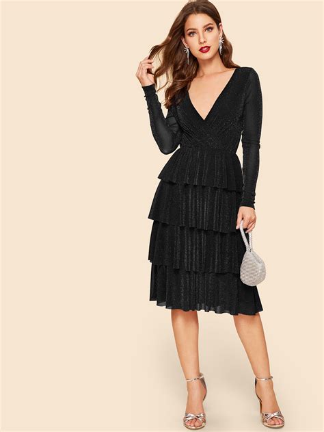 Surplice Neck Layered Ruffle Hem Glitter Dress Shein Usa