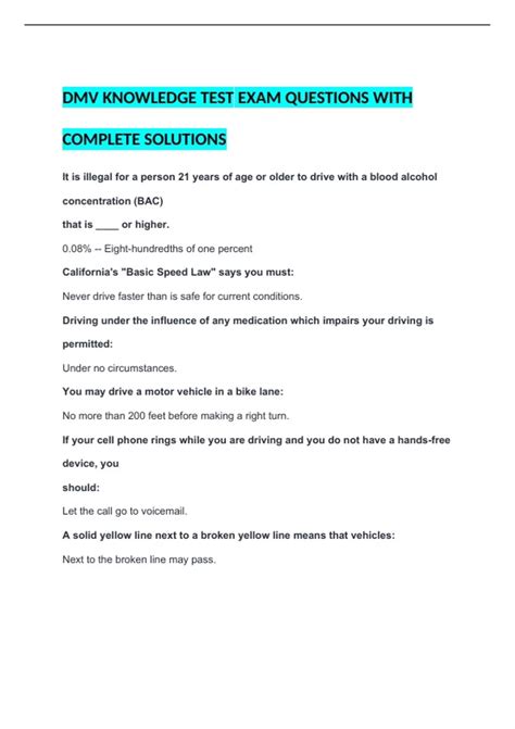 Dmv Knowledge Test Exam Questions With Complete Solutions Dmv Knowledge Stuvia Us