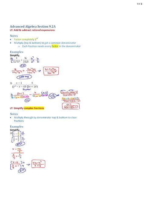 Common Denominator Advanced Algebra Lecture Handout Docsity