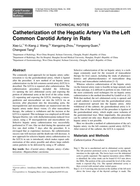 Pdf Catheterization Of The Hepatic Artery Via The Left Common Carotid Artery In Rats