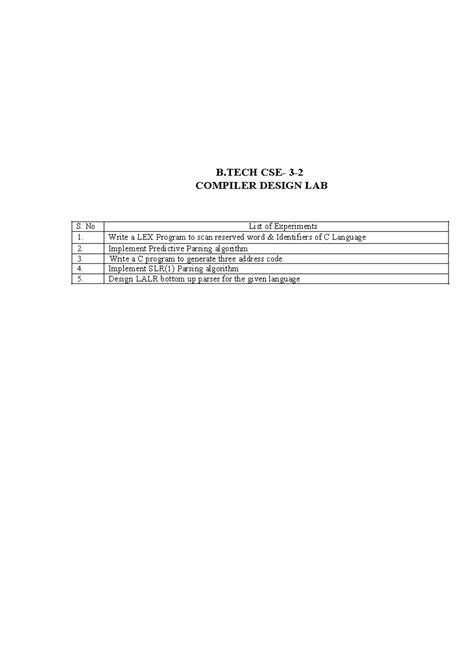 cd lab manual b cse 3 compiler design lab s no list of experiments