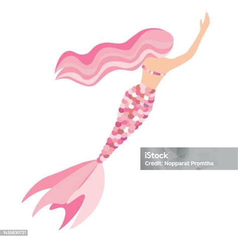 흰색 배경에 달콤한 핑크 톤의 젊은 귀여운 인어의 벡터 일러스트 레이 션 여자 인어에 대한 스톡 벡터 아트 및 기타 이미지