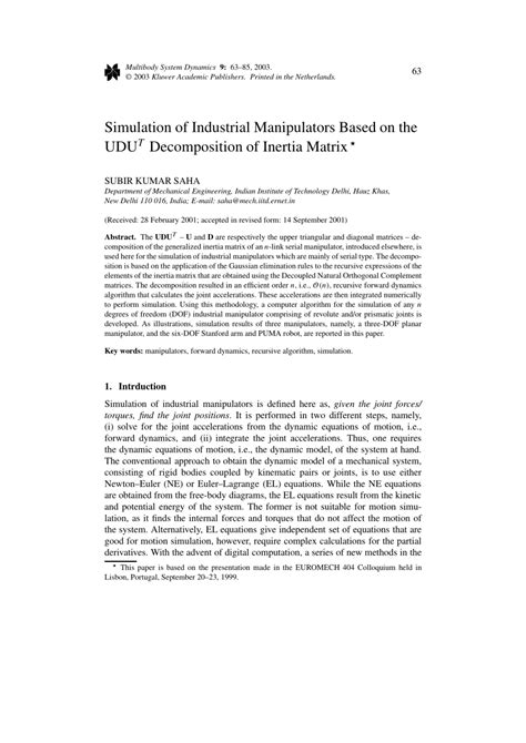 Pdf Simulation Of Industrial Manipulators Based On The Udut