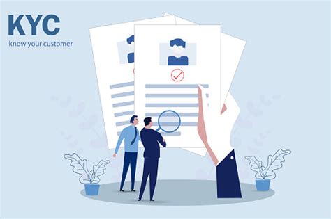 Kyc 또는 돋보기 벡터 일러스트레이터를 통해 파트너가 될 파트너에서 고객 개념의 신원을 확인하는 비즈니스로 고객을 알 수