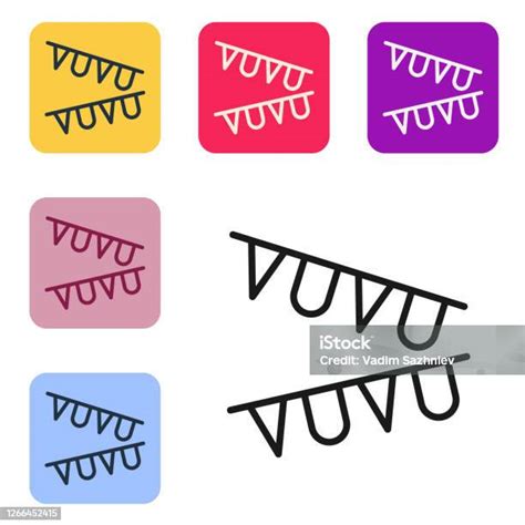 흰색 배경에 고립 된 플래그 아이콘과 검은 줄 카니발 화환 생일 축하 축제 장식파티 페넌트 색상 정사각형 단추로 아이콘을 설정합니다 벡터 일러스트레이션 우승기에 대한 스톡