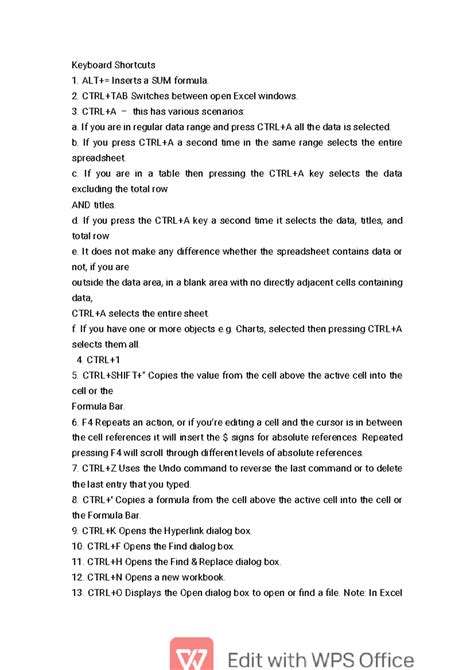Keyboard Shortcuts Keyboard Shortcuts Alt Inserts A Sum Formula Ctrltab Switches Between