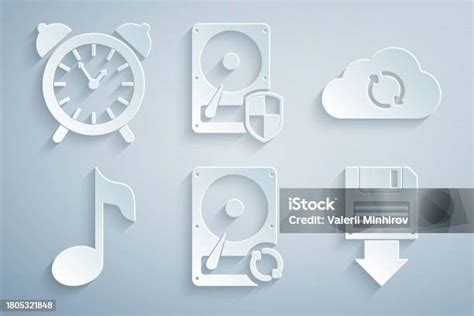 하드 디스크 드라이브 Hdd 동기화 새로 고침 클라우드 음악 메모 톤 플로피 백업 보호 및 알람 시계 아이콘을 설정합니다 벡터 백업에 대한 스톡 벡터 아트 및 기타 이미지