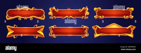 Medieval Buttons Ui Game Menu Elements Red Oblong Banners And Gold Ornate Rims Empty Royal
