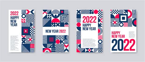 2022 년 새해 인사말 카드 세트 기하학적 모양과 패턴으로 설정된 포스터 세트입니다 빨간색 요소와 흑백 디자인 인사말 카드 포스터 커버 초대장 벡터 일러스트레이션을 위한