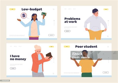 불행한 돈이없는 가난한 사람들 만화 캐릭터와 함께 랜딩 페이지 디자인 템플릿의 고립 된 세트 사람들에 대한 스톡 벡터 아트 및