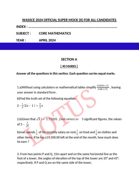 Wassce 2024 Super Mock Ii Core Mathematics Pdf