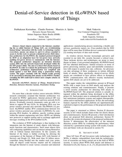 Pdf Denial Of Service Detection In 6lowpan Based Internet Of Things