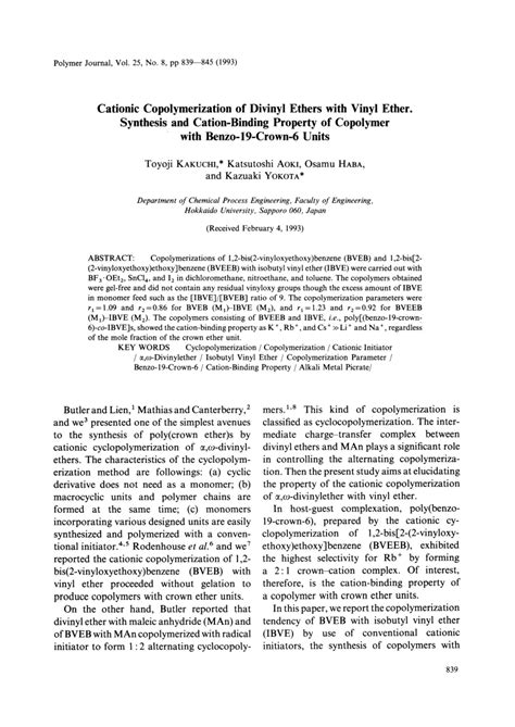 Pdf Cationic Copolymerization Of Divinyl Ethers With Vinyl Ether Synthesis And Cation Binding