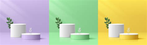단계 실린더 연단이있는 현실적인 3d 배경 세트 노란색 녹색 보라색 라벤더 벽 장면과 녹색 잎 추상 최소 모형 제품 디스플레이 스테이지 쇼케이스 벡터 기하학적 형태 두