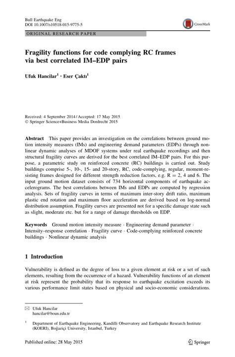 Pdf Fragility Functions For Code Complying Rc Frames Via Best