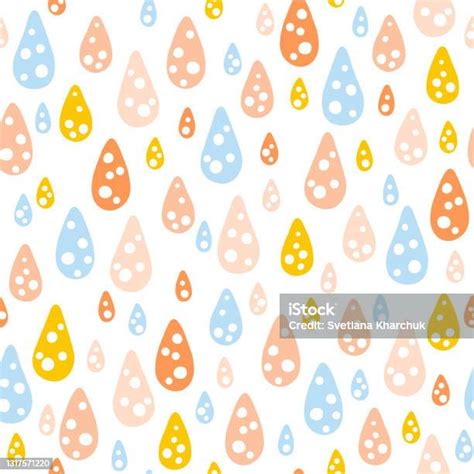 무지개 비는 보육 원활한 패턴을 떨어 뜨립니다 간단한 손으로 그린 스칸디나비아 만화 낙서 스타일의 귀여운 베이비 샤워 요소와 벡터 배경 인쇄에 이상적인 파스텔 팔레트 한정